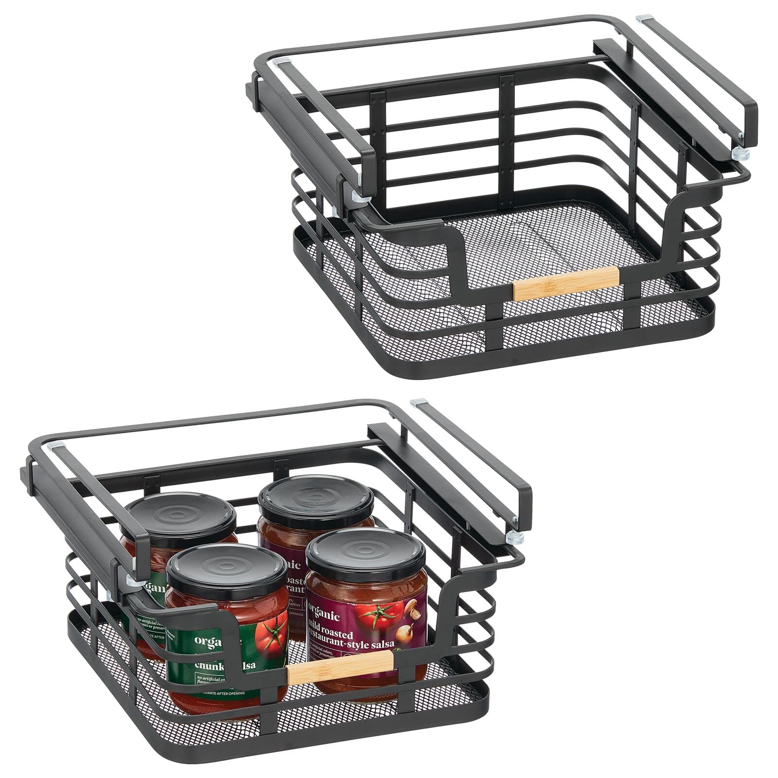 mDesign Metal Wire Under Shelf Storage Baskets for Kitchen Pantry, Closet, Hanging Pull Out Shelving Bin, Sliding Hanger Racks for Bread, Canned Goods, Condiments, Food, 2 Pack, Matte Black/Natural