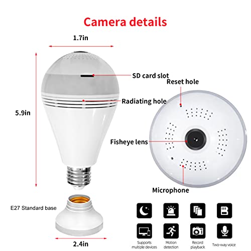 LSHJHWFC Light Bulb Camera, Full HD 1080P Home WiFi Camera, 360 Degree Panoramic Smart Security Remote IP Camera, for Indoor/Outdoor, with Night Vision/Two Way Audio/Motion Detection