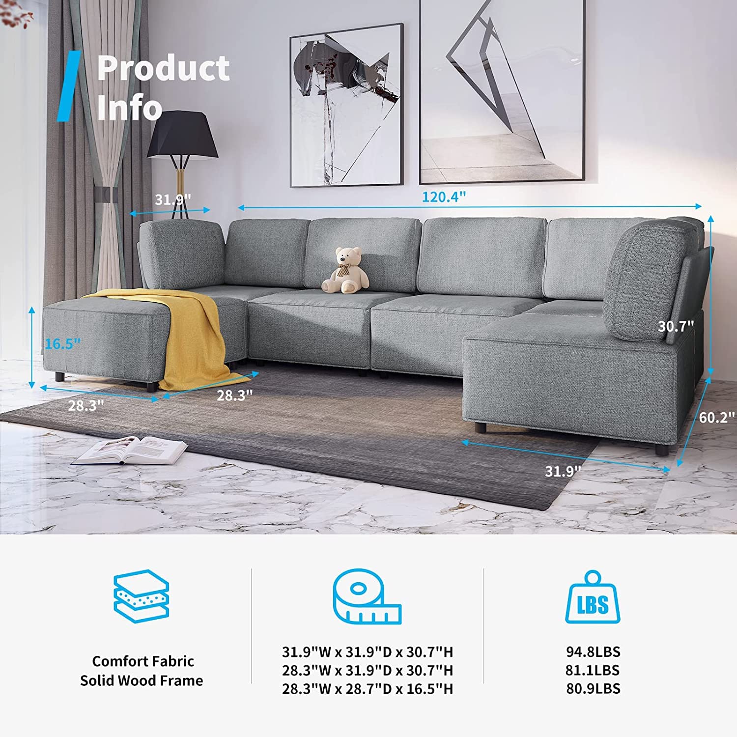Mjkone Sleeper Sectional Sofa Bed Convertible U Shaped Sofa with Ottoman Linen Fabric L Shaped Couch Variable Modular Sectional Sofa Couches for Living Room Apartment Small Space, Light Grey