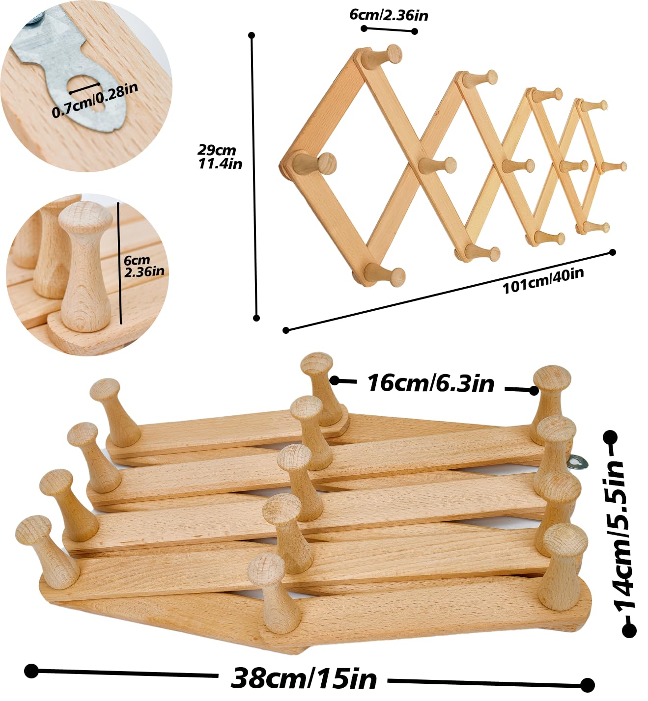 wekiweyi Expandable Accordion Wall Rack β 13 Hook Wooden Coat & Hat Rack, Multi-Functional Beech Wood Hanger for Hats, Coats, Coffee Mugs, and More, Rustic Natural Finish