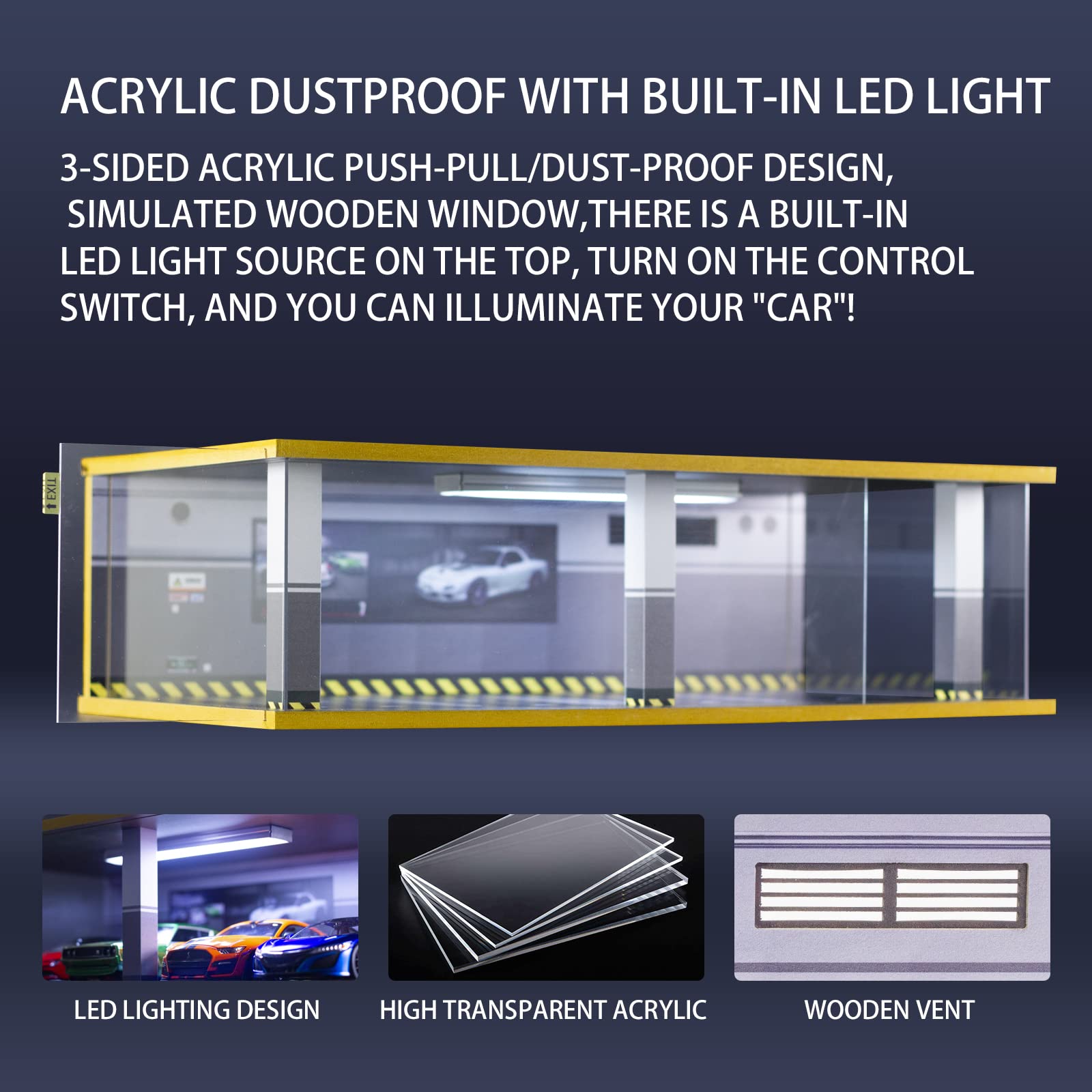 SIKIVOT 1/24 Scale Car Display Case,Car Model Toy with Parking Lot Scene, Die-cast Car Garage Display Case,2 Parking Space Acrylic Toy Garage with LED Light