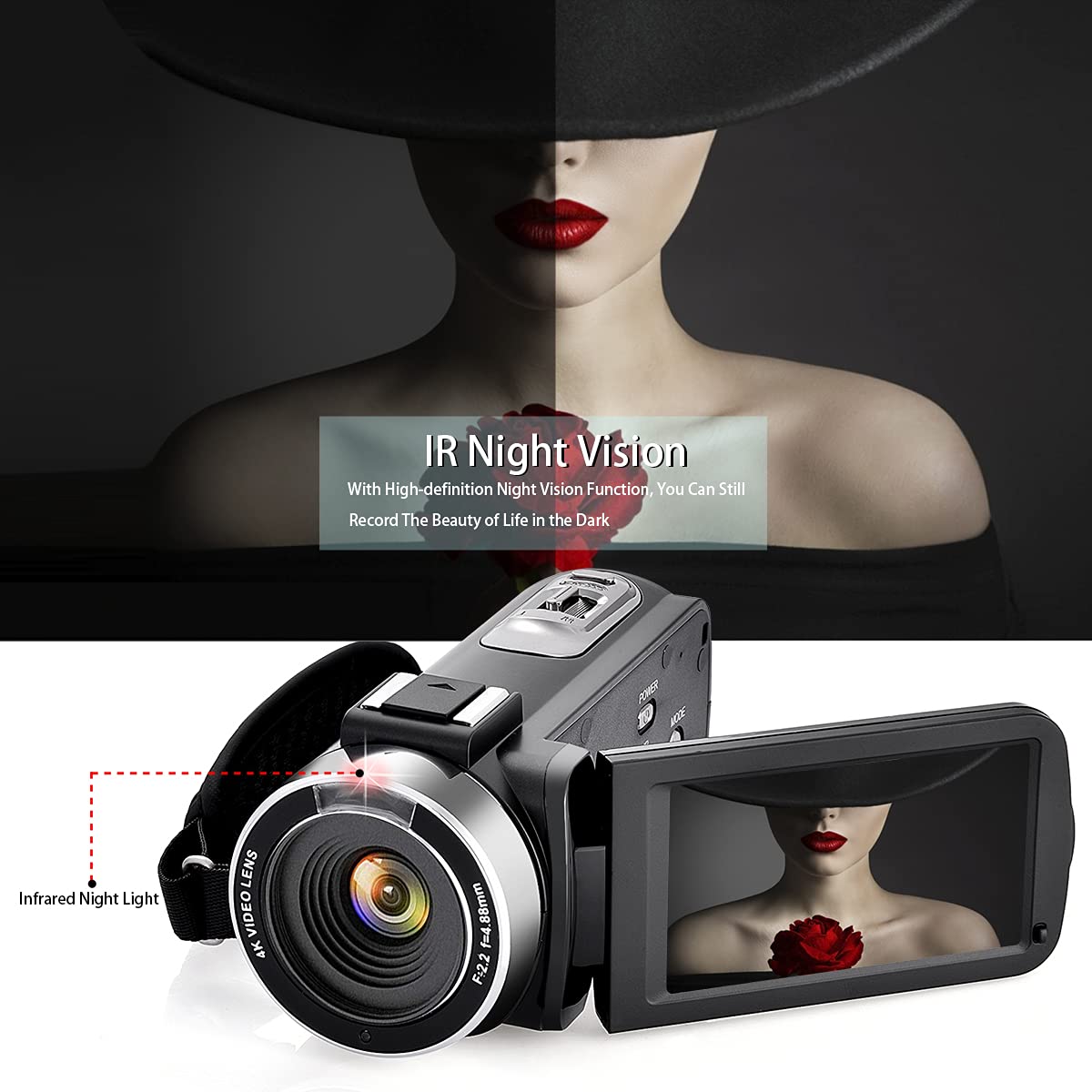OIEXI 4K Camera for YouTube Videos HD Camcorder with LED Light Digital Vlog Camera with 16X Digital Zoom and Night Vision, Video Recorder with Microphone,(Red,2 Batteries Included)