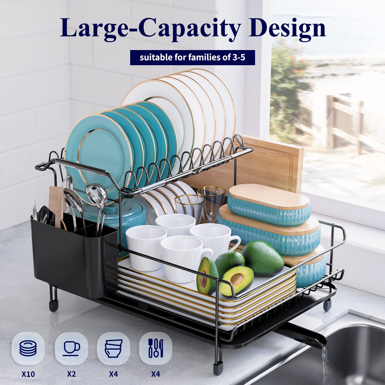 Kitsure Dish Drying Rack - Large-Capacity Dish Rack for Kitchen Counter, Rust-Proof Dish Drainer, 2-Tier Kitchen Dish Drying Rack for Dishes, Knives, Spoons, and Forks,Silver6