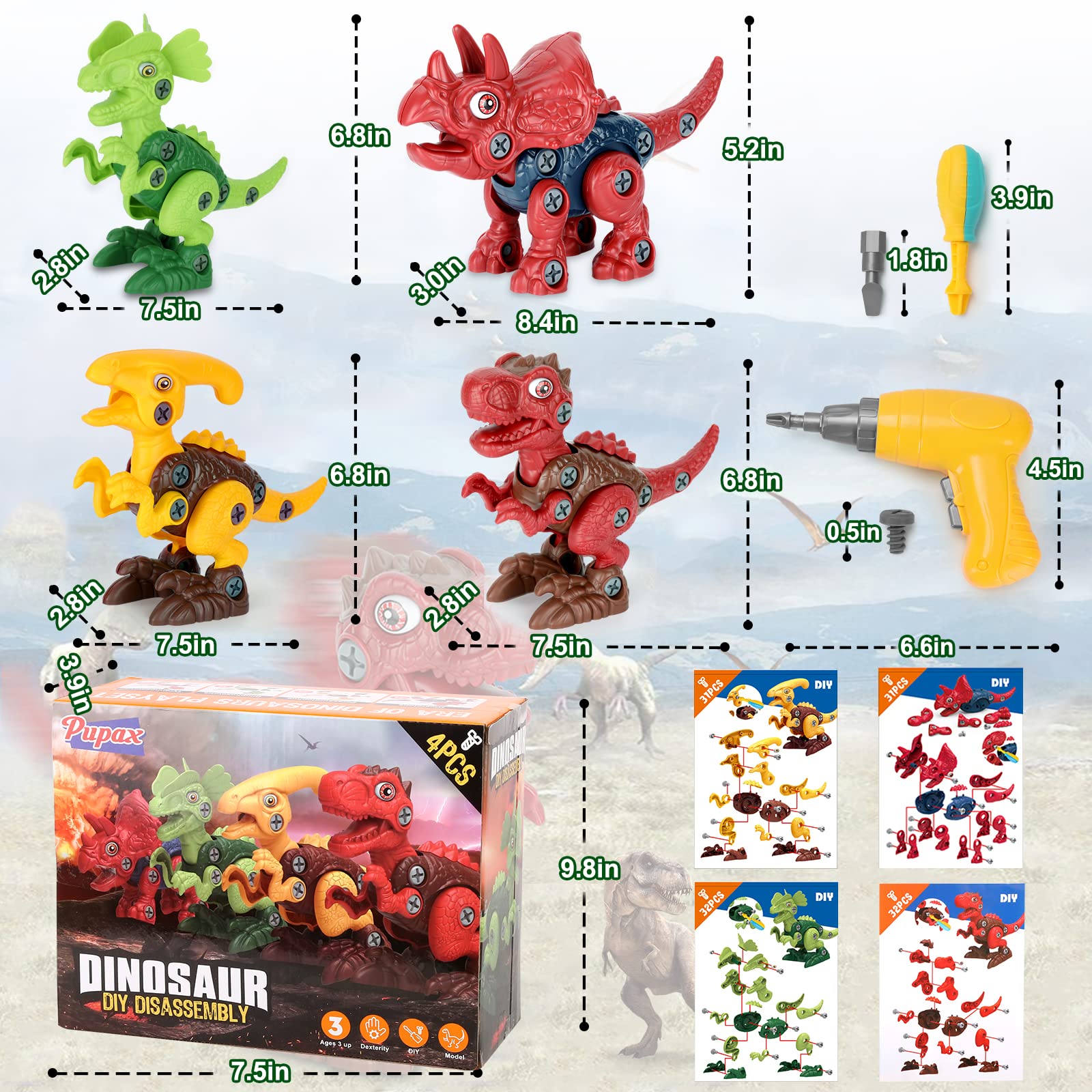 PUPAX Take-Apart Dinosaur Toys with Electric Drill, STEM Learning for Kids 3-7, Educational Building Set for Birthday & Holidays
