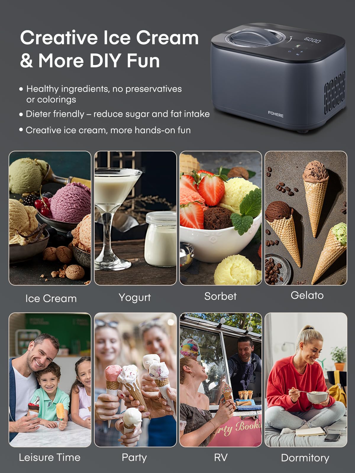 Touch Screen 1.2-Quart Automatic Ice Cream Maker with Compressor, No Pre-freezing, 4 Modes Frozen Yogurt Machine with LCD Display & Timer, Electric Sorbet Maker Gelato Maker, Keep Cool Function