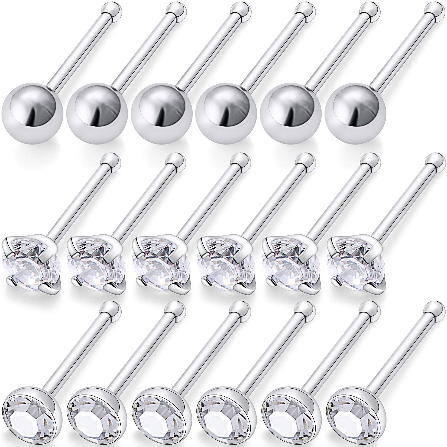 Lcolyoli 18PCS 18G Stainless Steel Nose Rings Straight Piercings Hypoallergenic Bone Nose Studs Body Jewelry 3mm Crystals Inlaid Women Men Girls Clear Diamond CZ Nostril Studs Round Ball