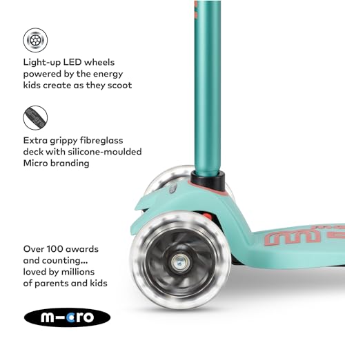 Micro Kickboard - Maxi Deluxe LED 3-Wheeled, Lean-to-Steer, Swiss-Designed Micro Scooter for Kids with LED Light-up Wheels, Ages 5-12 (Mint)