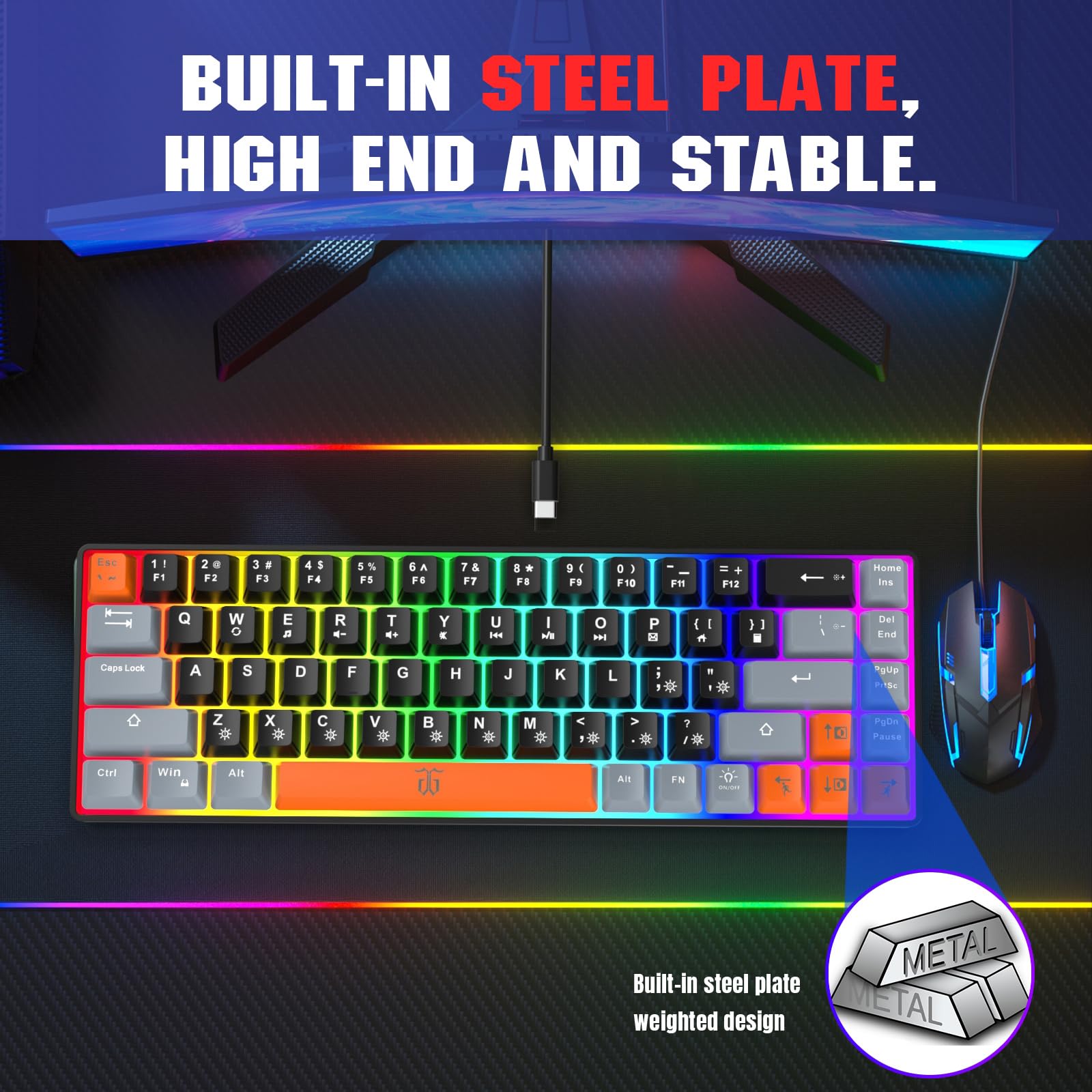 Snpurdiri 60% Gaming Keyboard, RGB Backlit Mini Keyboard,Built-in Steel Plate, Membrane Keyboard but Super Mechanical Feel for Windows PC Gamers(68 Keys,White-Black)