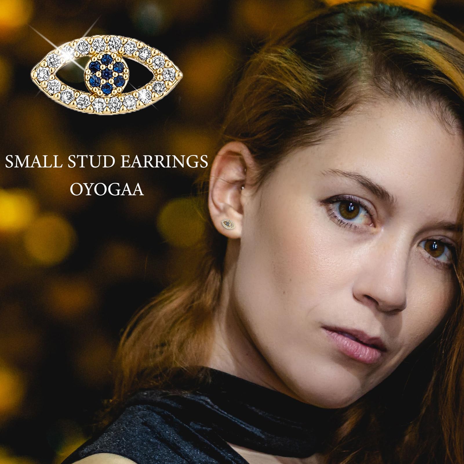 OYOGAA 18K Gold Blue Evil Eye Stud Earrings Fully Iced Out Diamonds Cubic Zirconia 925 Sterling Silver Tiny Cute Small Daily Eye Stud Earrings For Men Women (Gold)