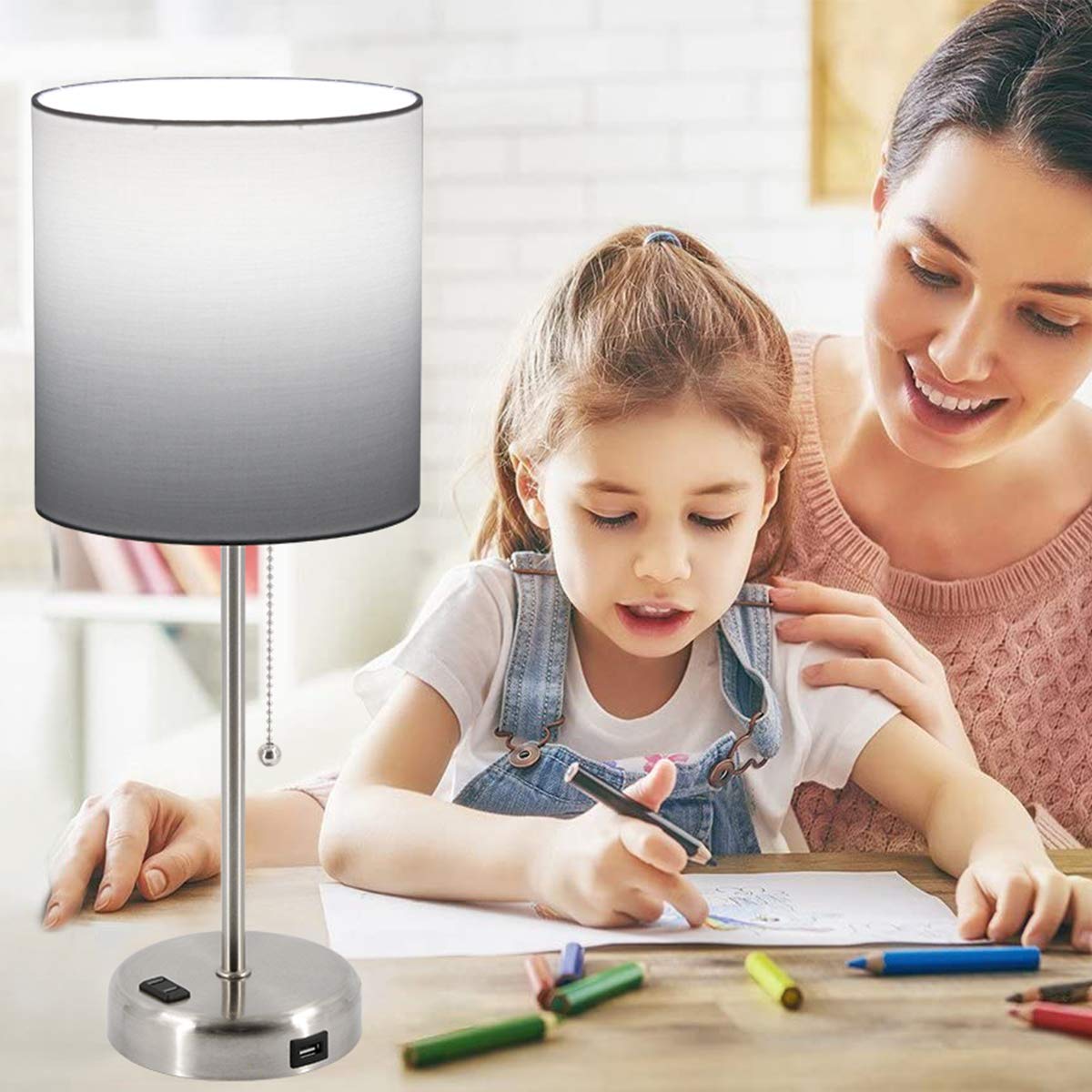 Kukobo Bedside Table Lamps for Bedroom Set of 2, 3 Color Temperature Nightstand Lamp for Living Room with USB Charging Port & AC Outlet, Pull Chain White Shade, 2 Blubs Included.