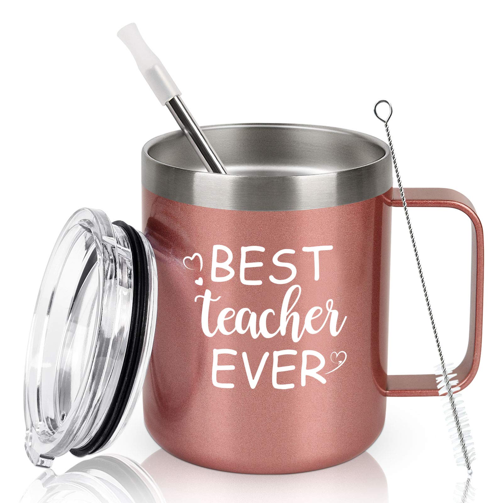 Qtencas Teacher Gifts, Best Teacher Ever Coffee Mug, Thank You Appreciation Gifts for Teachers Women on Birthday Christmas, 12 Oz Stainless Steel Travel Mug, Rose Gold