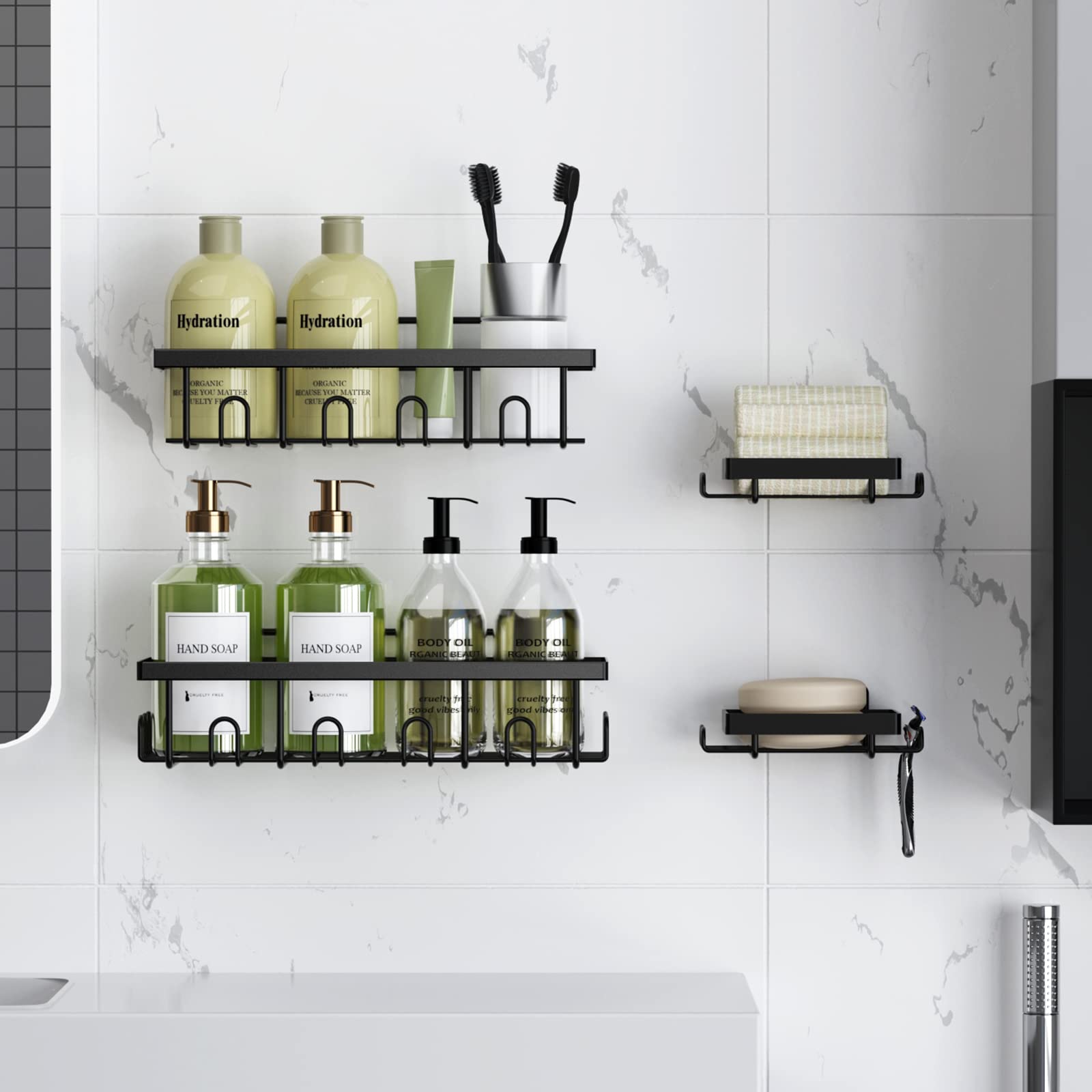 Meafuly Shower Caddy Shelf Organizer Rack - Stainless Steel with Hooks Bathroom Cabinet Organizer Shelf Space Saving and Easy to Organize 4 Piece decor Wall Shelf Set with 40lb Weight Capacity