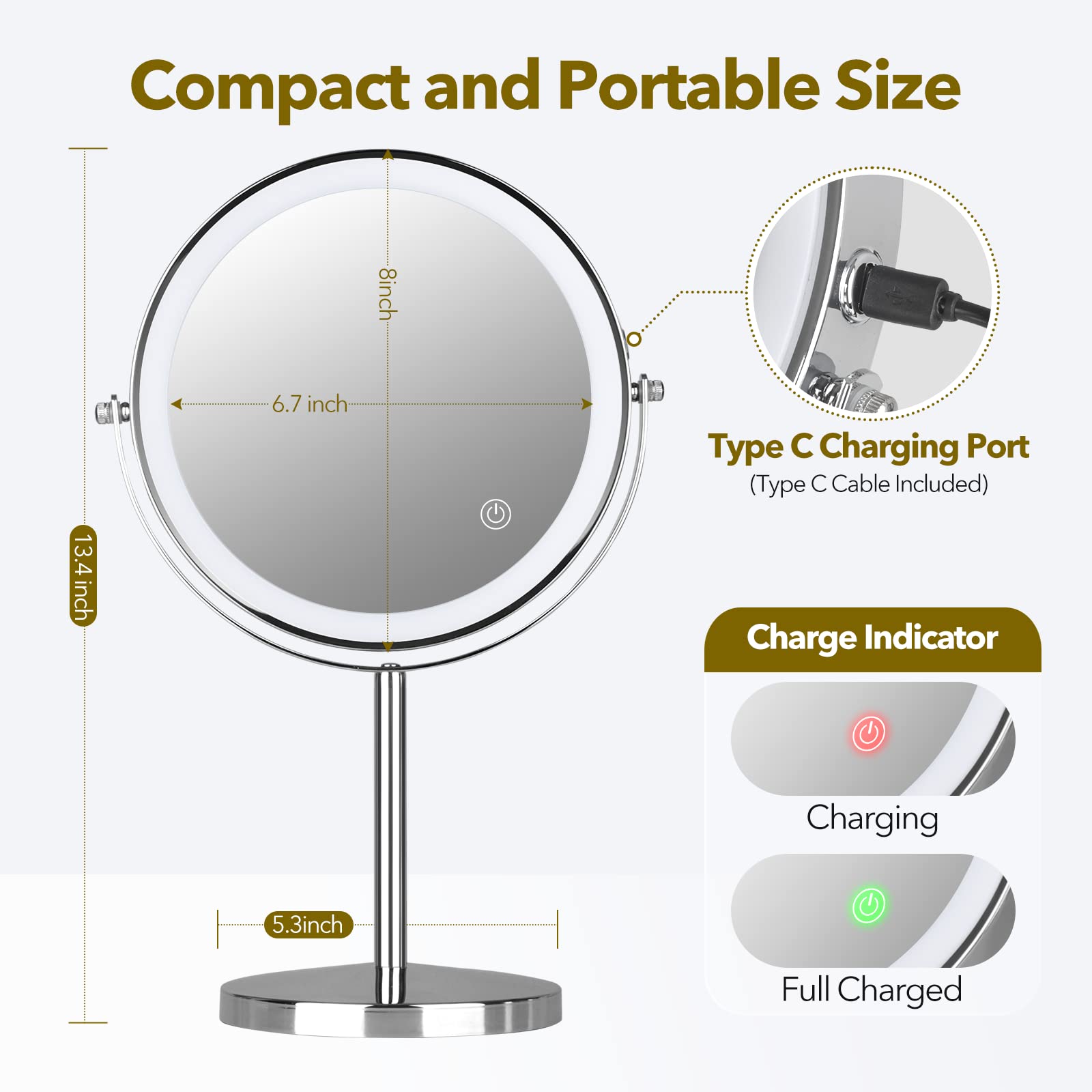 WEYEXECE Rechargeable 8 inch Lighted Makeup Mirror, 3 Colors 1X/10X Table Vanity Mirror with 360° Rotation Touch Screen, LED Dimmable Desk Lit Cosmetic Magnifying Mirror Chrome