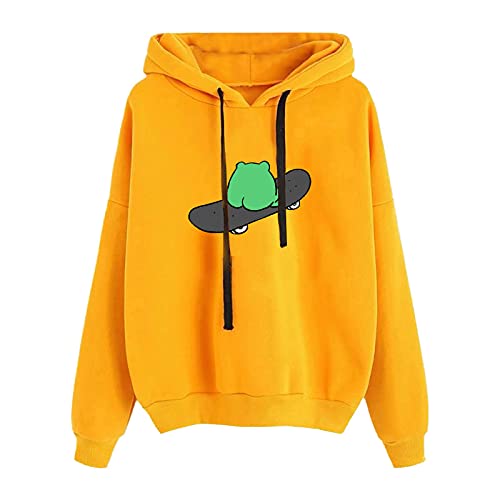 Women Long Sleeve Tops Elegant Comfy Fall Tops Pullovers Sweatshirt Trendy Sweatshirt With Drawstring Streetwear Outwear Yellow