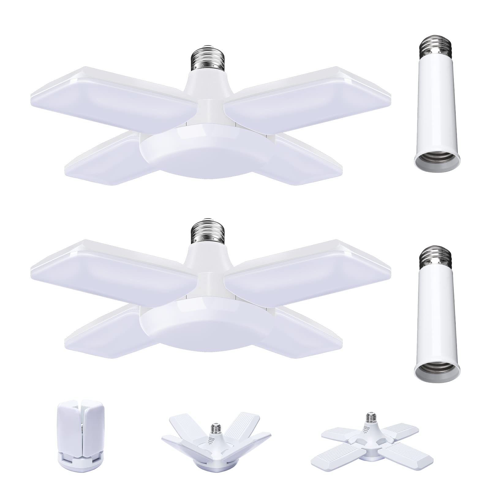 LED Garage Light 2 Pack 60W E26 6000LM Deformable LED Garage Ceiling Lights 6500K Daylight White Garage LED Light with 4 Adjustable LED Panels, LED Garage Lights for Warehouse Workshop Basement Lights