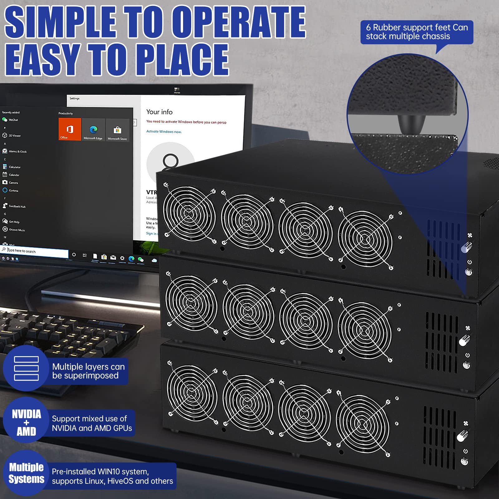 SUOHUI GPU Mining Rig Case for ETC AE BEAM CFX ERG RVN SERO GRIN Crypto Miner Complete Mining System with 8 GPU Mining Motherboard, PSU, Cooling Fans, RAM, SSD, CPU(Excluding GPUs) -Black