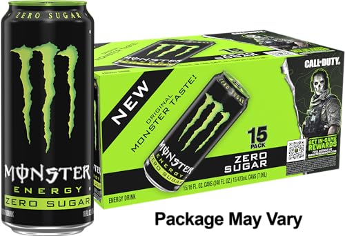Monster Energy Zero Sugar, Green, Original, Low Calorie Energy Drink, 16 Fl Oz (Pack of 15)