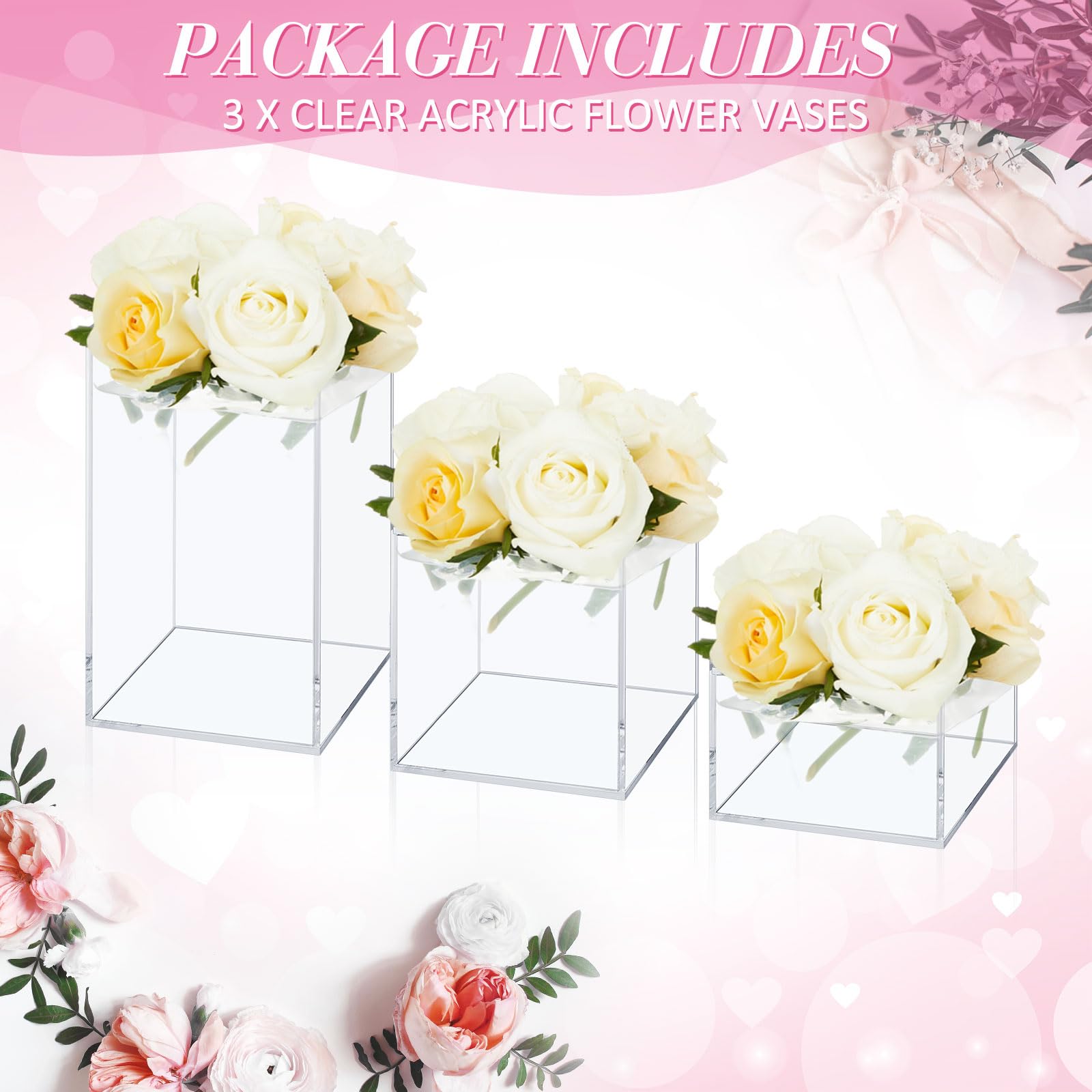Mifoci 3 Pcs Clear Acrylic Flower Vase Floral Long Square Centerpiece for Dining Table Modern Decorative Acrylic Flower Box for Home Wedding Centerpiece Decor, 3 Different Heights