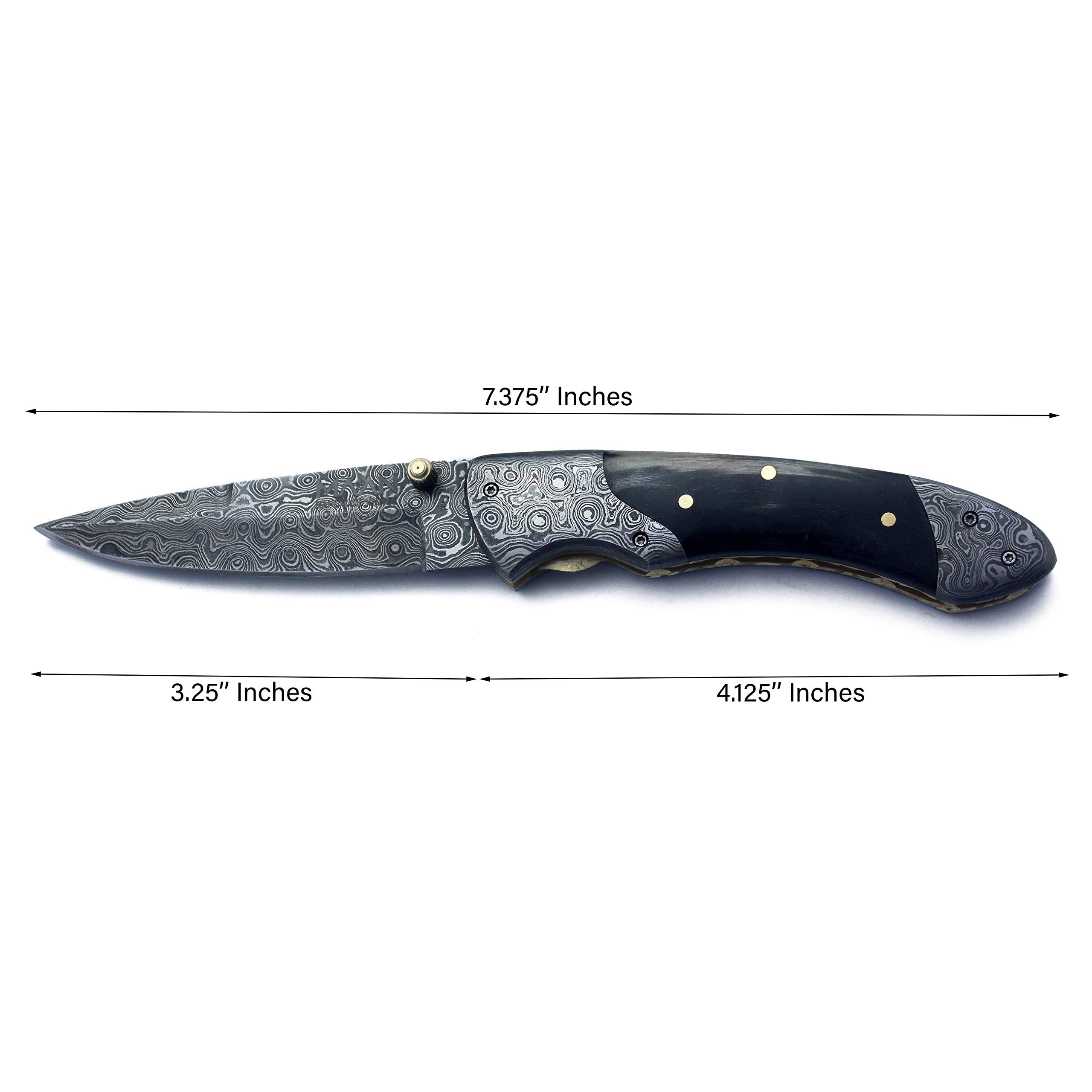 MAAN handmade Damascus Tactical Pocket Knife Sheep Horn Handle Damascus Steel Folding leather sheath Designed for hunting, survival gear & EDC MNK 302
