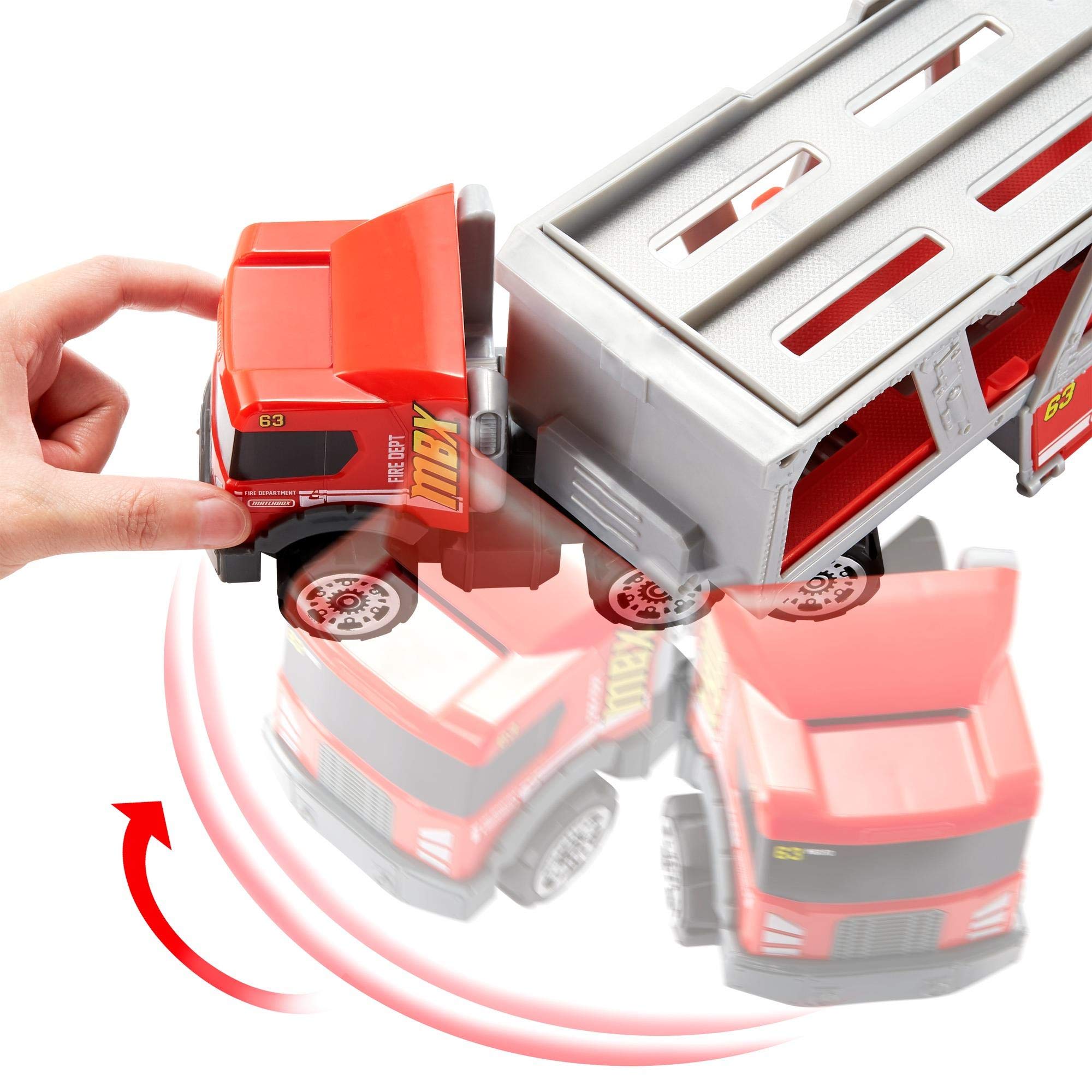 Matchbox Fire Rescue Hauler Playset Themed Hauler with 1 Fire-Themed Vehicle, Holds 16 Cars, Easy-Release Ramp, 8 Accessories & Storage, for Kids 3 Years Old & Up