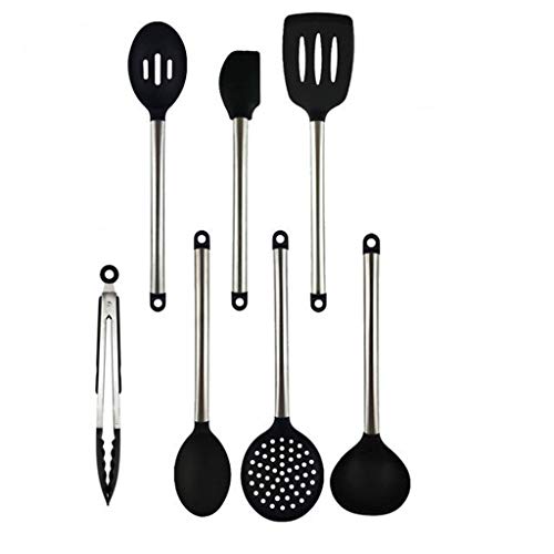 LMMDP 7pcs Silicone Kitchenware Non-stick Cooking Tool flexible tongs Spatula Ladle slotted Spoon Kitchen Utensils Set (Color : E)
