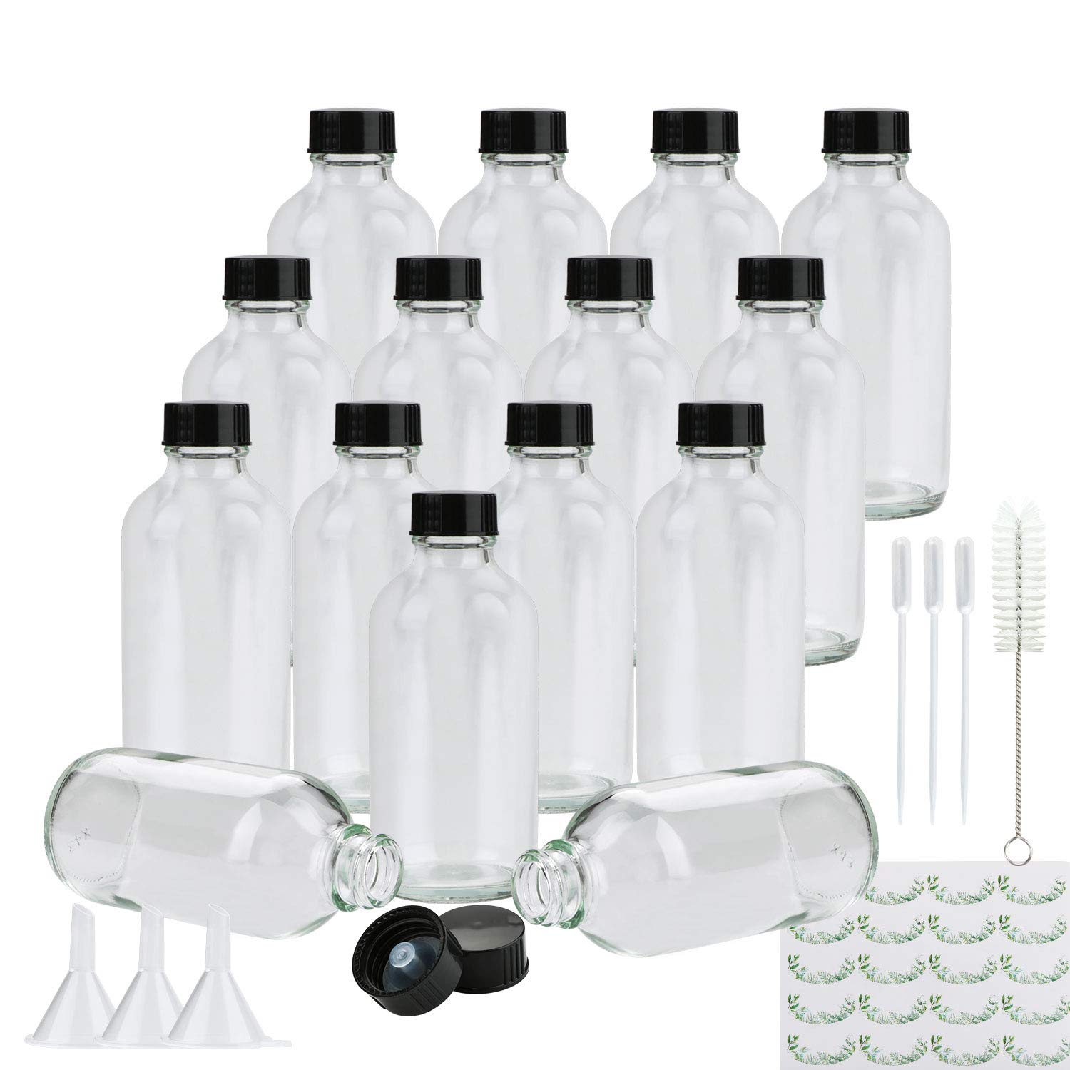 Maredash Clear Glass Bottles, 15 Pack Glass Storage Bottles with Black Lids (15 Labels, 3 Funnels, 3 Droppers, Brush)