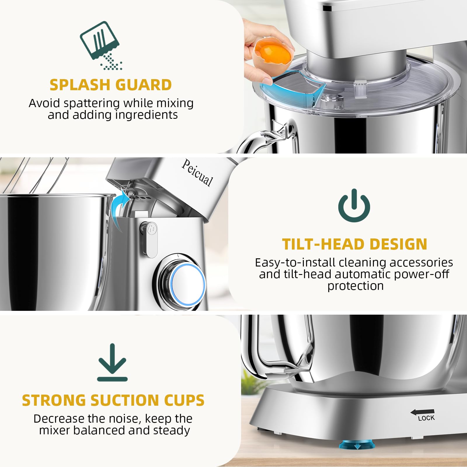 Peicual Stand Mixer, 5.5QT 10+P Speed Tilt-Head Kitchen Electric Mixer, Food Mixer with Stainless Steel Bowl, Dough Hook, Flat Beater, Wire Whisk, Splash Guard for Daily Use - Silver