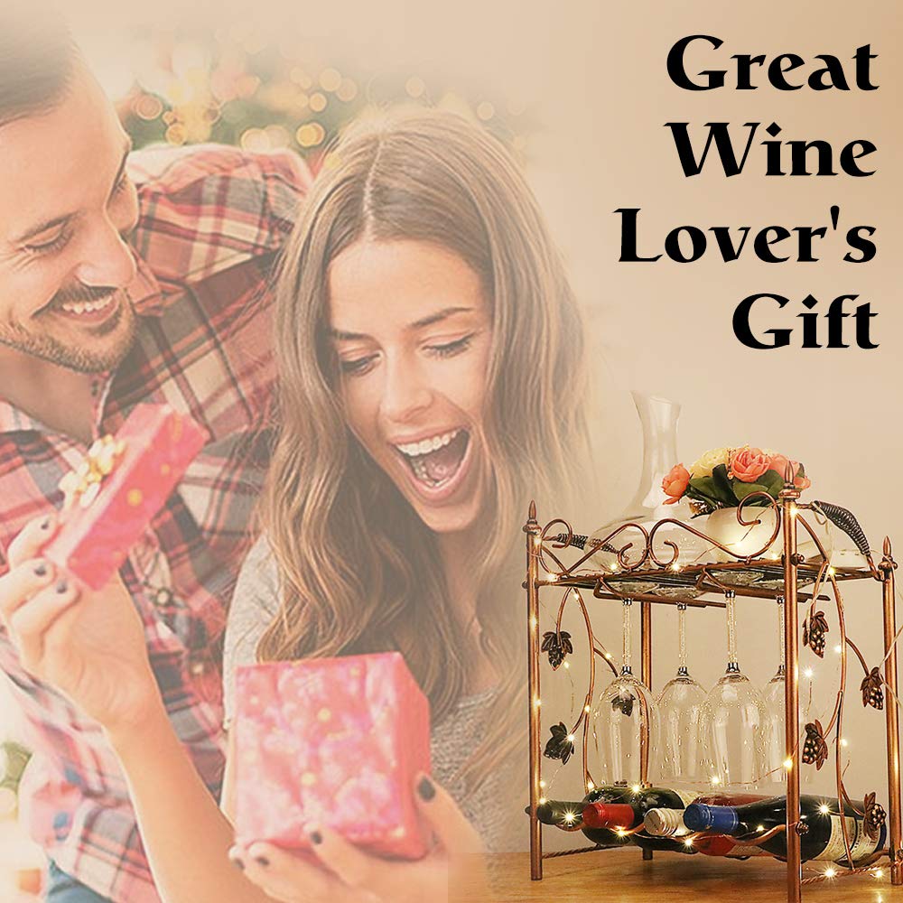 SILKSEA Countertop Wine Rack Freestanding with Wine Glass Rack Metal Wine Holder Storage Stand Organizer for Home Kitchen Décor, Cabinet, Bar, Tabletop Wine Racks Hold 4 Bottle and 6 Glasses, Copper