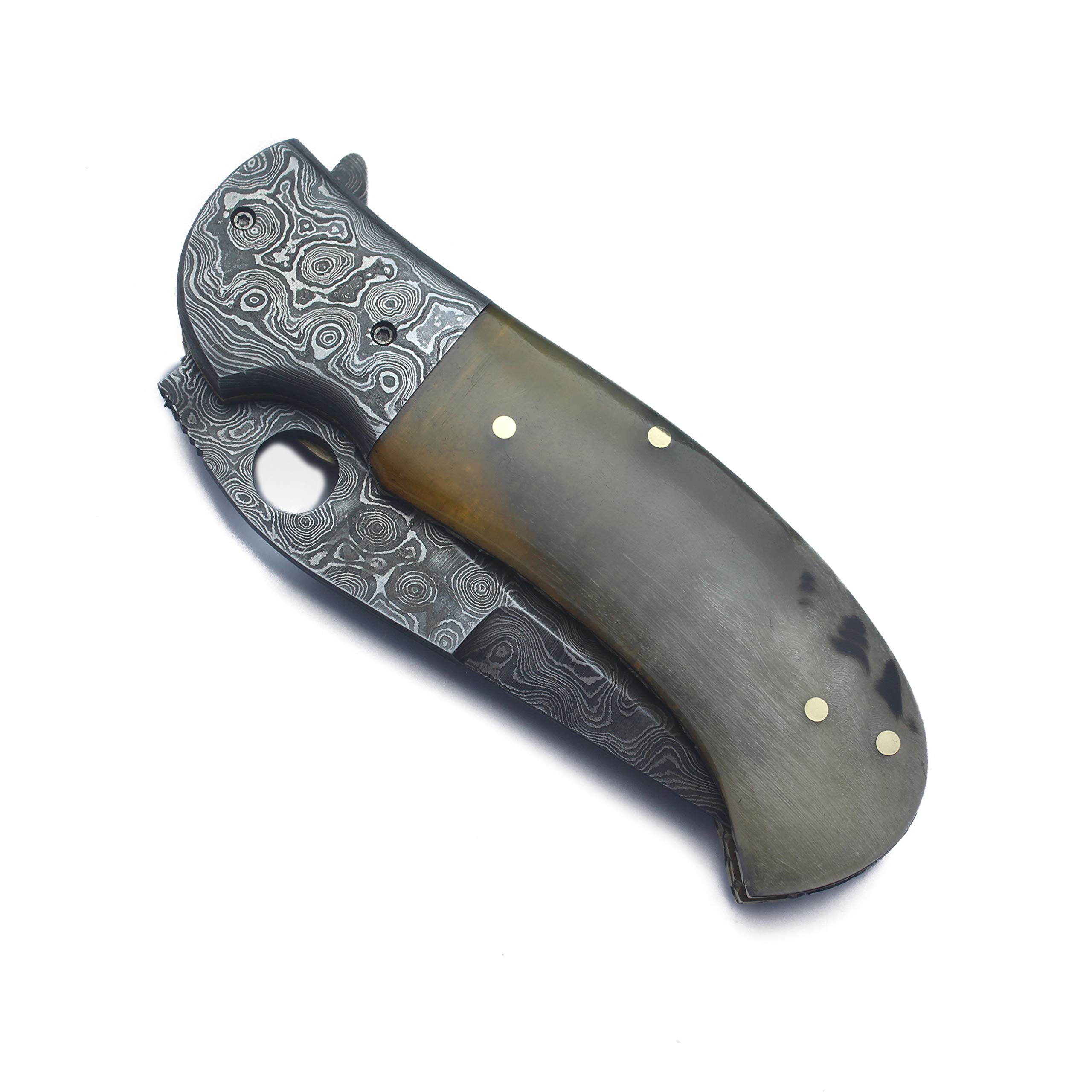 MAAN Handmade Damascus Tactical Folding Pocket Knife Sheep Horn Handle Damascus Steel with leather sheath for hunting, survival gear & EDC MNK 301