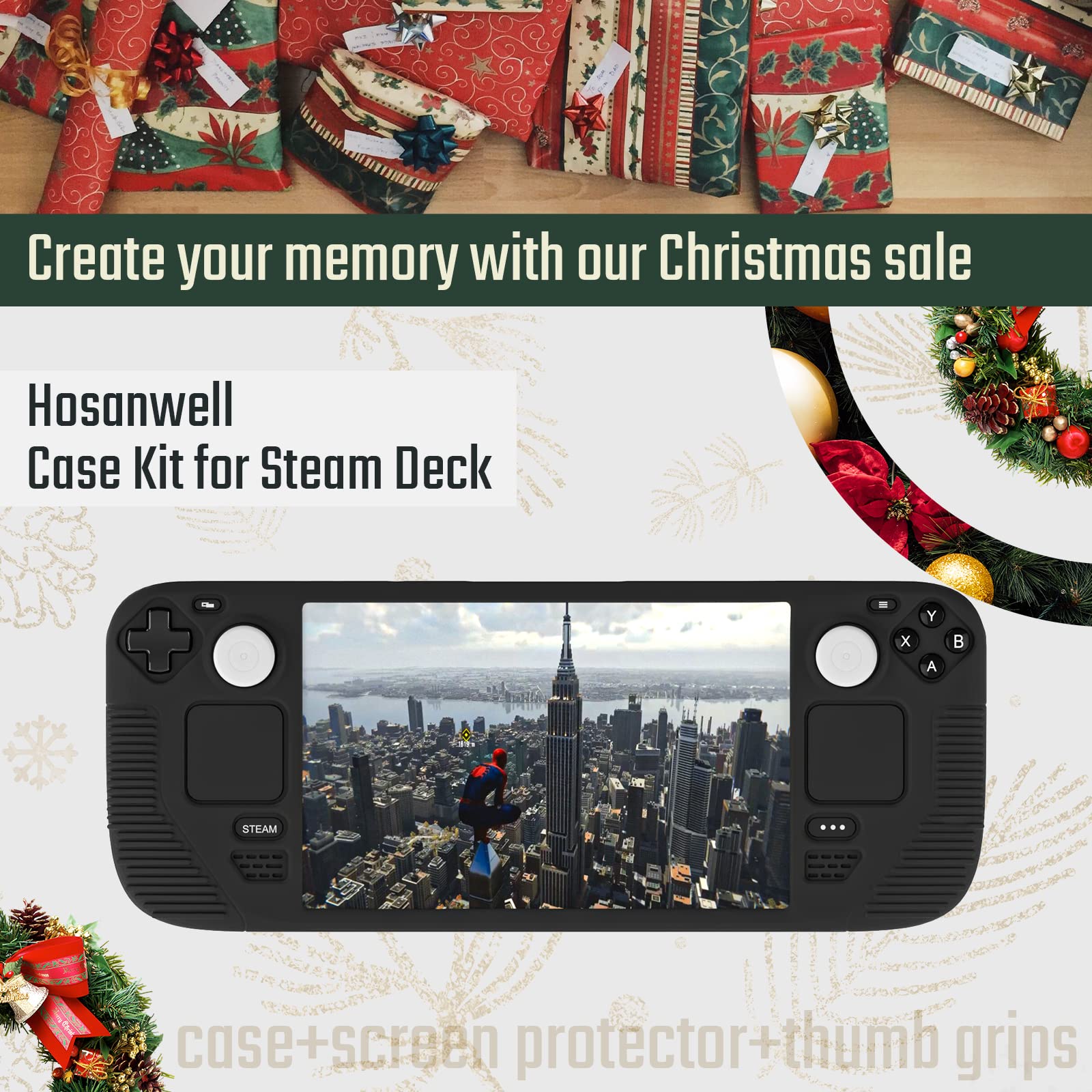 Protective Case for Steam Deck, with Screen Protector*1 and Thumb Grips*2 pairs, Hosanwell Full Body Silicone Protective Case for Steam Deck, Black