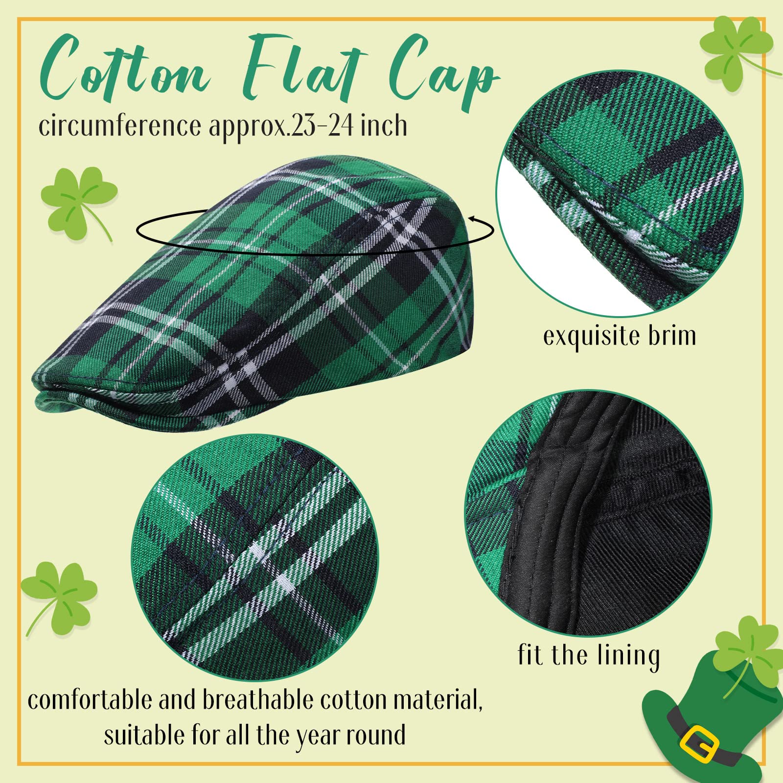 SATINIOR 4 Pieces St. Patrick's Day Hat Newsboy Hat for Men Green Hat Flat Caps Hat for Party Costume Accessory