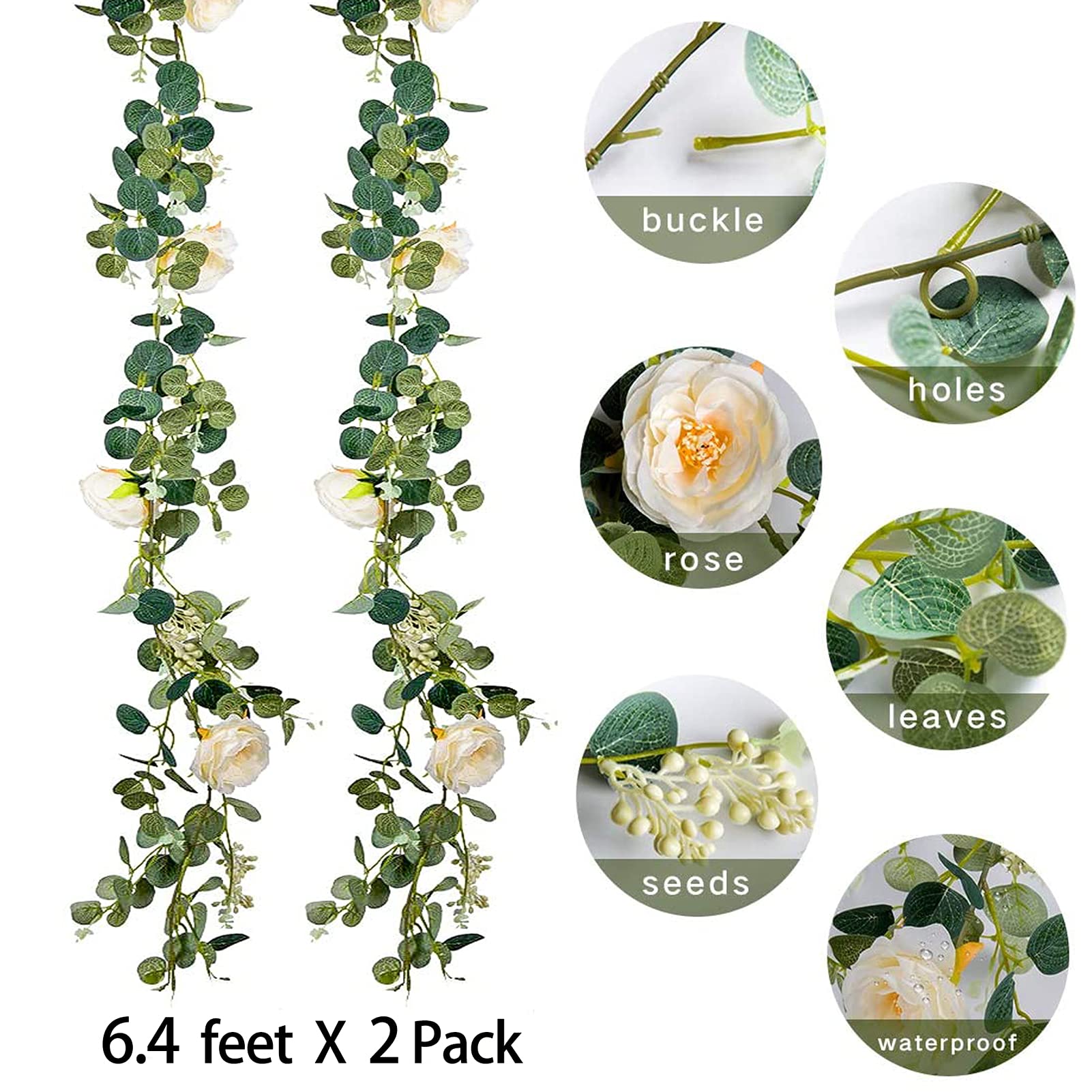 Miracliy 2 Pack 13FT Artificial Eucalyptus Garland with Champagne Roses Flower Vine Eucalyptus Greenery Garland for Weddings and Parties