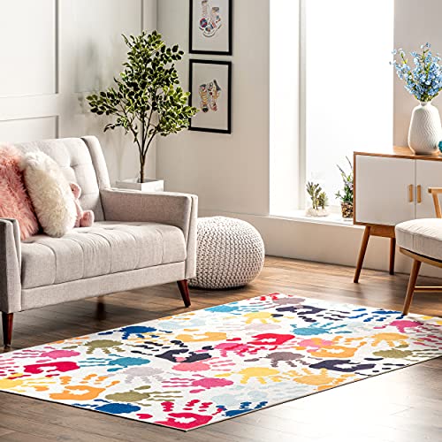 nuLOOM Pinkie Machine Washable Handprint Kids Ultra Thin Area Rug, 3' x 5', Multi