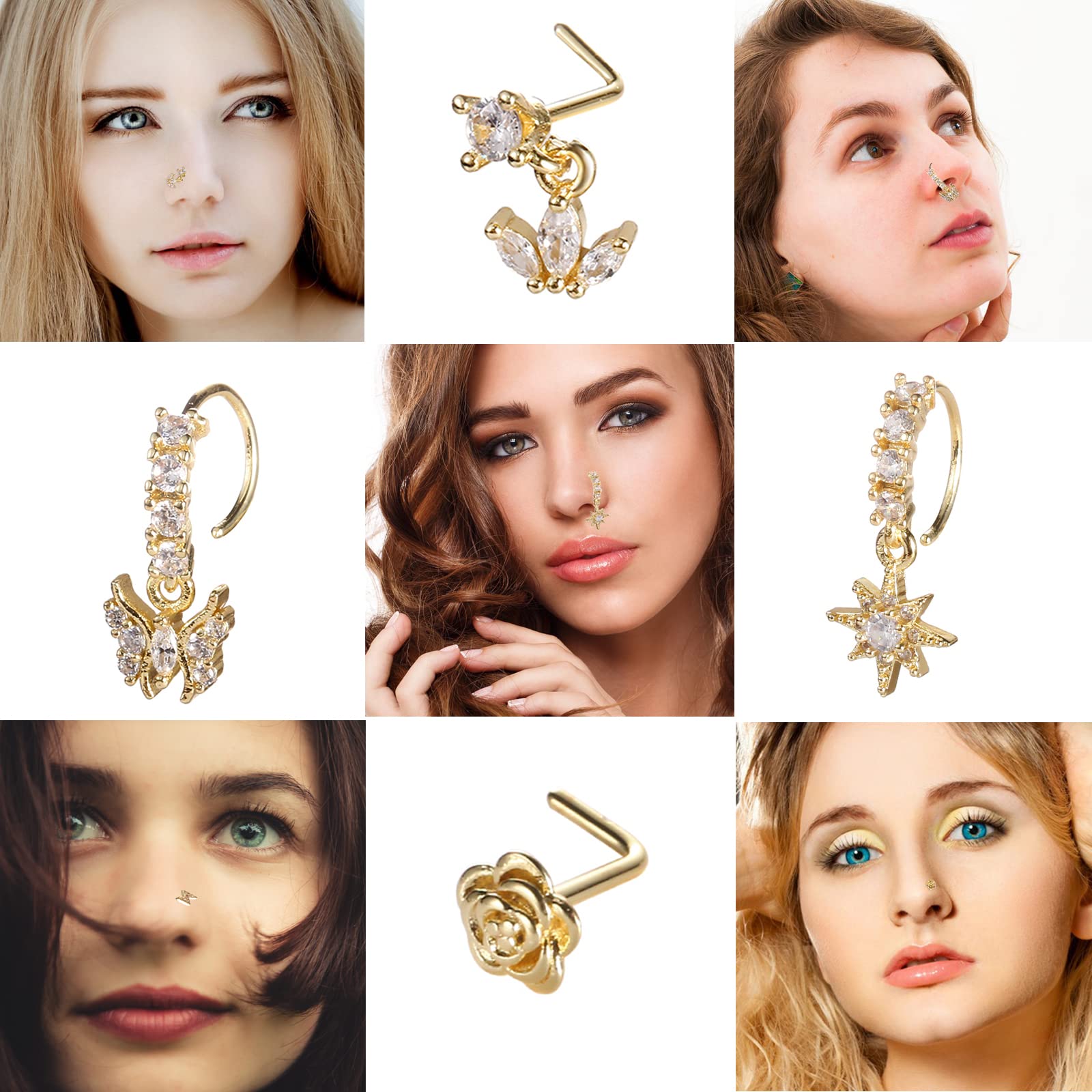 SAMOCO 20Pcs 20G Dangle Nose Ring L Shaped Dangling Stud for Women, CZ Flower Stainless Steel Studs Hoops Nose Piercing Jewelry(Gold)