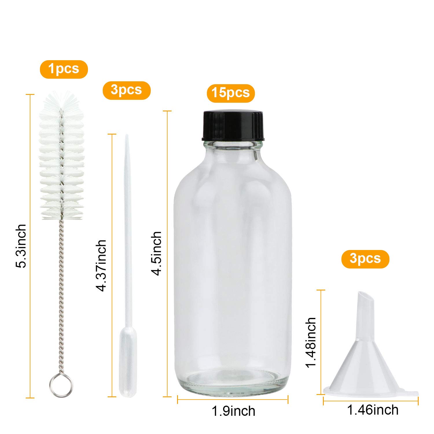 Maredash Clear Glass Bottles, 15 Pack Glass Storage Bottles with Black Lids (15 Labels, 3 Funnels, 3 Droppers, Brush)