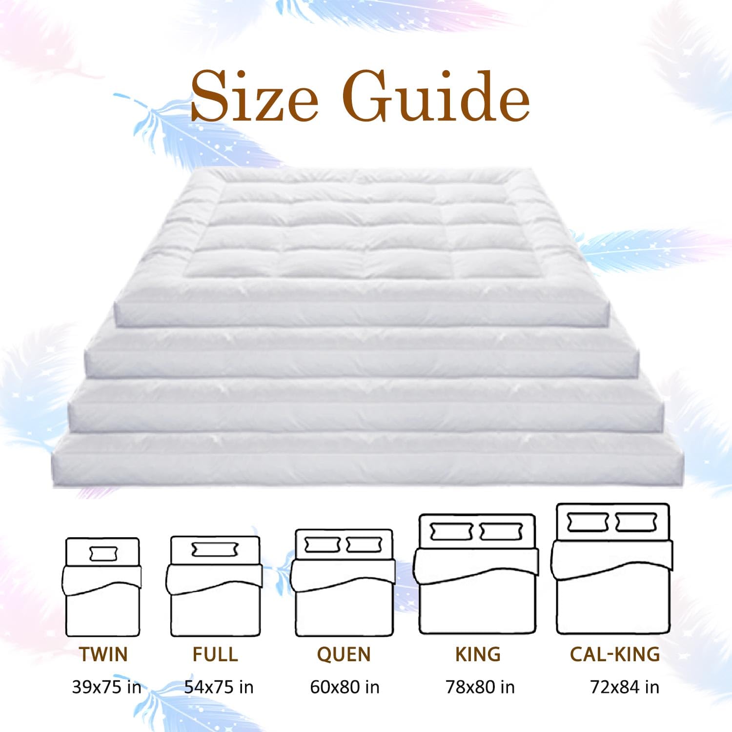 WhatsBedding 5 Inch Duck Feather Bed Queen Size, 100% Cotton Extra Thick Mattress Topper, Overfilled Pillow Top, Hotel Collection Mattress Topper, 60x80 in, 17LB