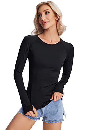 Milumia Women's Long Sleeve Sports Tee Workout Running Yoga Thumbhole Shirts Tops Black Small