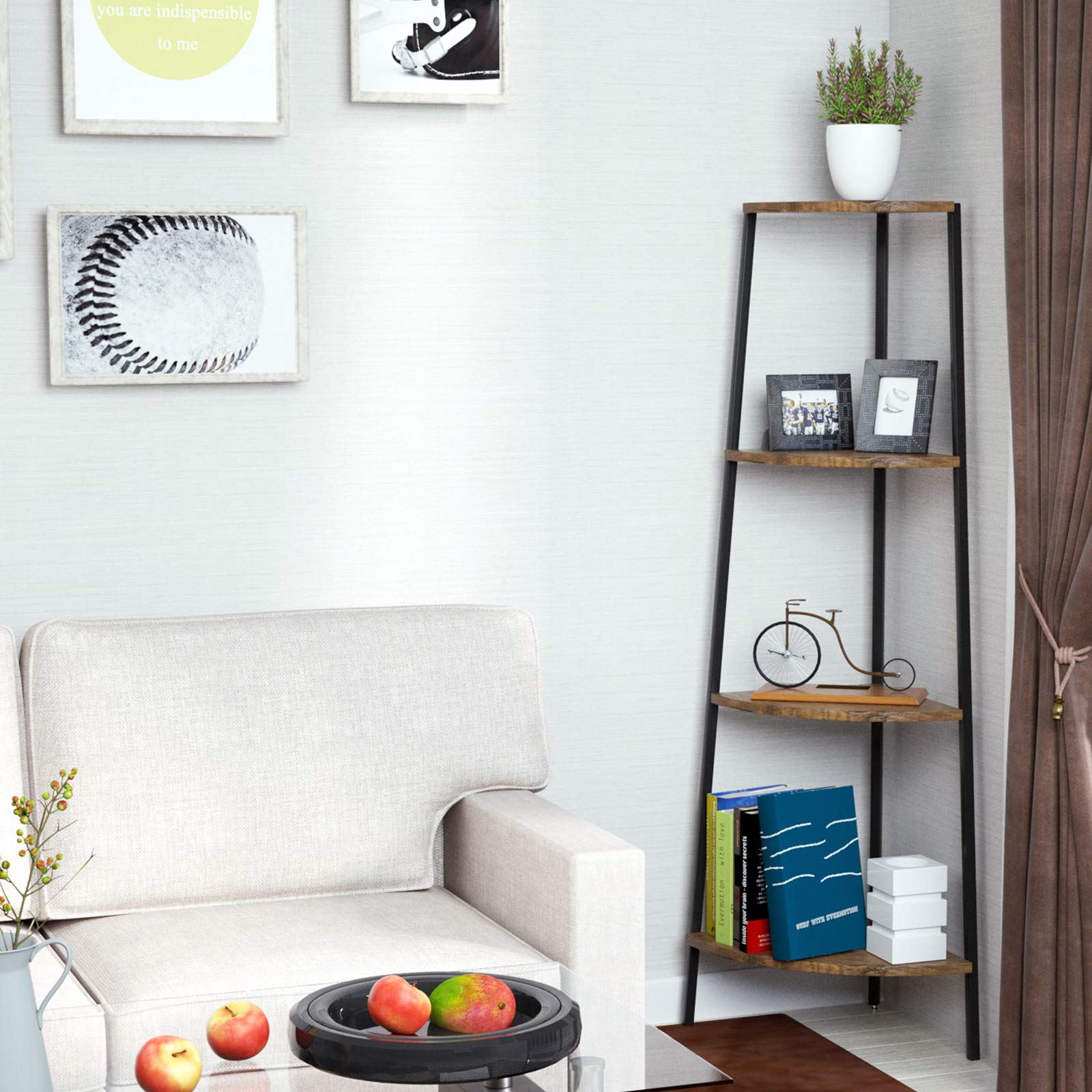 mecor 4 Tier Industrial Corner Shelf, Rustic Corner Storage Rack Plant Stand Metal Frame Bookcase Display Rack for Home Office