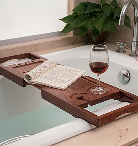 WZSON Non-Slip Bath Tray Solid Bamboo, Multifunctional Retractable Bathtub Stand, with Storage Compartment, Hook and Bezel, for Spa Home,Ebony