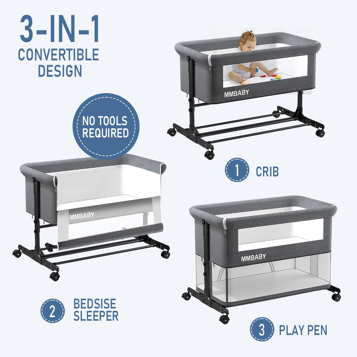 MMBABY Baby Bassinet Bedside Sleeper Bedside Crib Easy Folding Portable Crib 3 in 1 Travel Baby Bed with Adjustable Height,Breathable Net,Large Storage Bag and Mattress (Dark Grey)