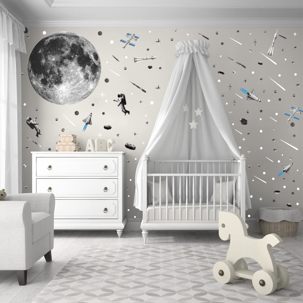 Wonder Space Outer Space Jumbo Moon Wall Decals - Large Peel and Stick Boys Nursery Room Wall Stickers - Universe Galaxy Spacecraft Spaceship Explorer Astronaut Stars Meteors Meteorites Satellite