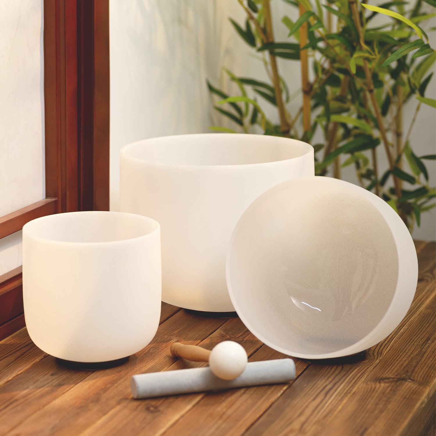 KVKA Set of 3pcs Chakra Frosted Quartz Crystal Singing Bowl 6-10 inch with case (10''F 8''G 6''B)