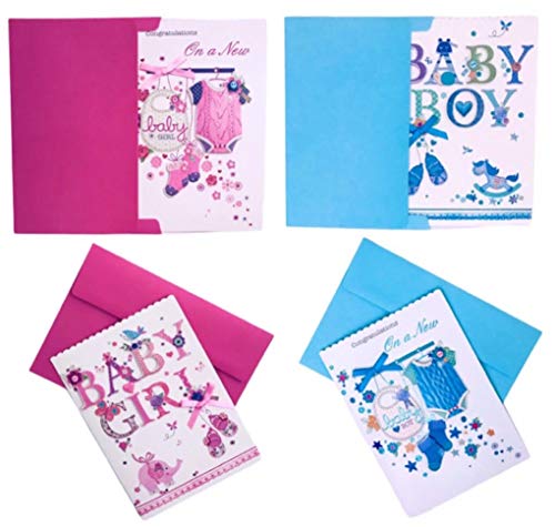 Lovely New Baby Shower Greeting Cards for Baby Boy/Girl (4-PK Assorted)
