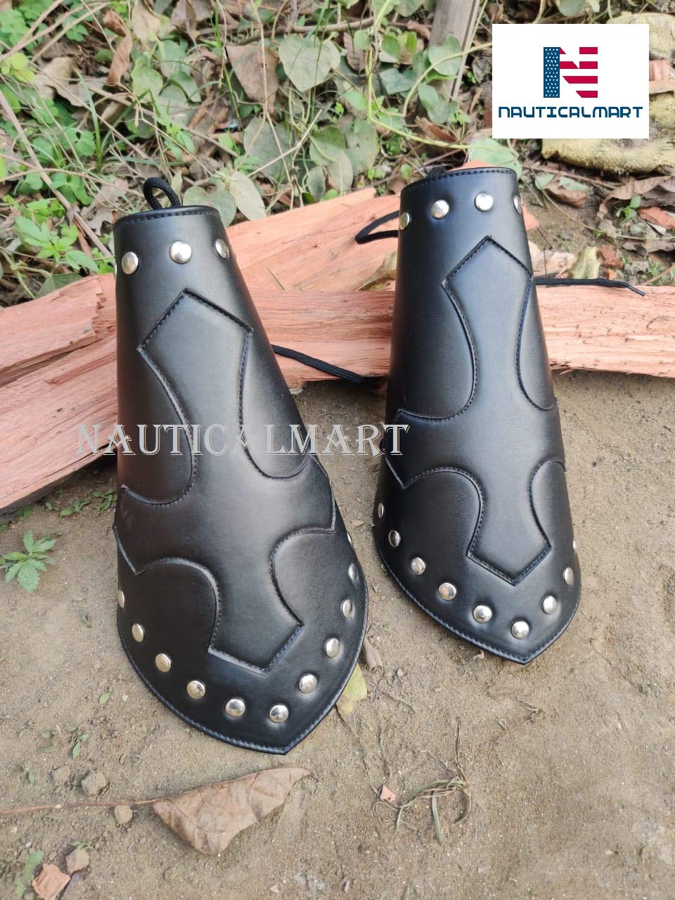 Leather Arm Guards - Medieval Cross Bracers - Black