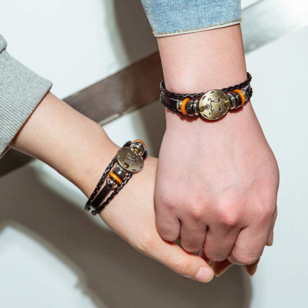 NIGHTCRUZ Constellation Braided Rope Bracelet - Punk Alloy Leather Bracelet - Hand Woven Braided Rope Bracelet Punk Chain Cuff 2 PCS (Pisces)