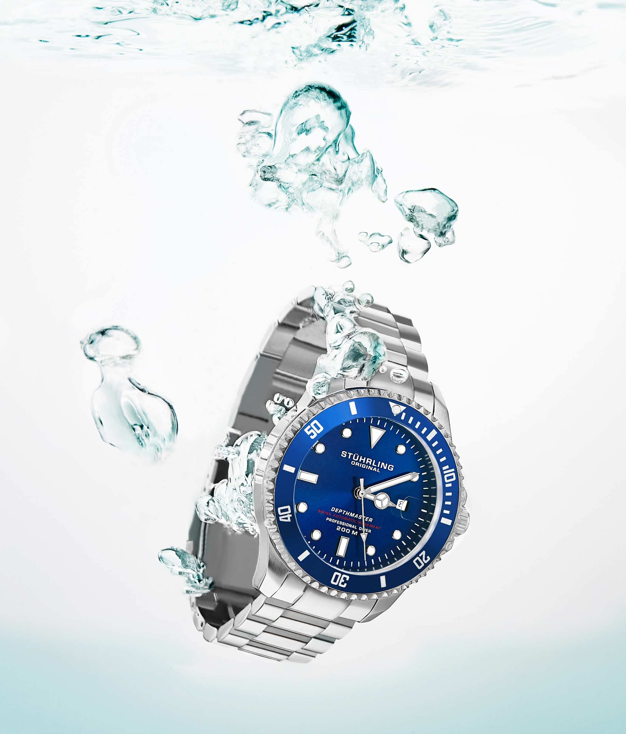 Mens Automatic Stainless Steel Professional DEPTHMASTER Dive Watch, 200 Meters Water Resistant, Brushed and Beveled Bracelet with Divers Safety Clasp and Screw Down Crown (Blue)