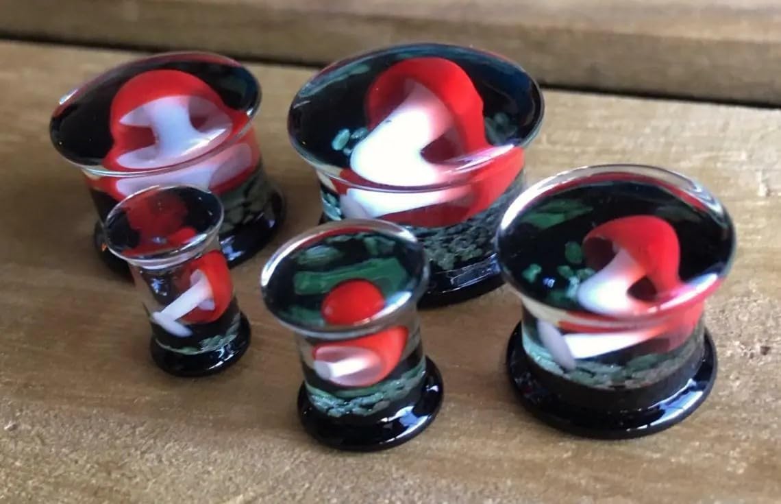 Lobal Domination PAIR of Floating Red Mushroom Pyrex Glass Double Flare Plugs with Glow in the Dark Background (8mm (0g))