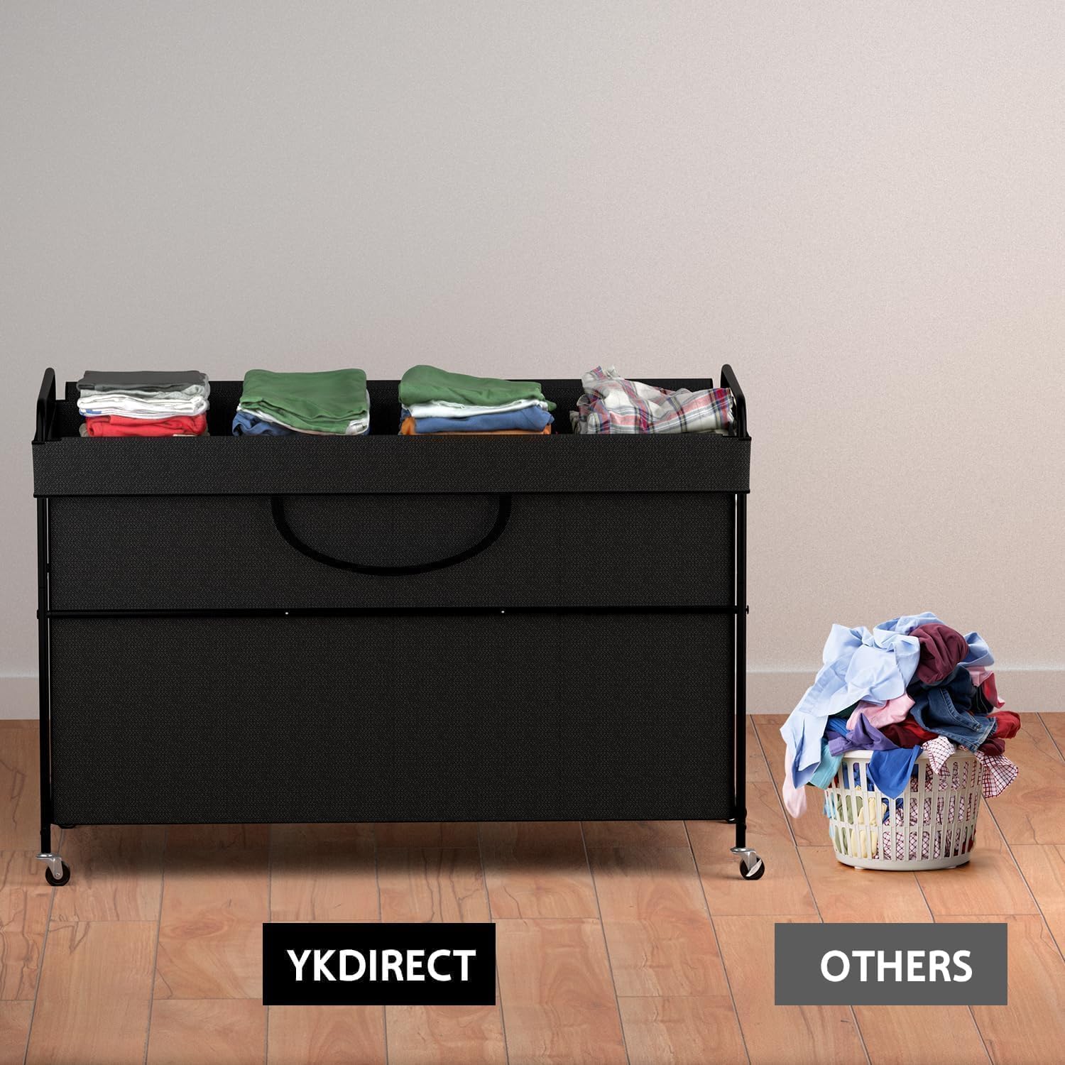 YKDIRECT 240L Large Laundry Hamper, 4 Compartment Laundry Basket with Lid, Removable Bag & Metal Structure with Industrial Wheels, Suitable for Bathroom, Dorm Room, Laundry Room (Black, 240L)
