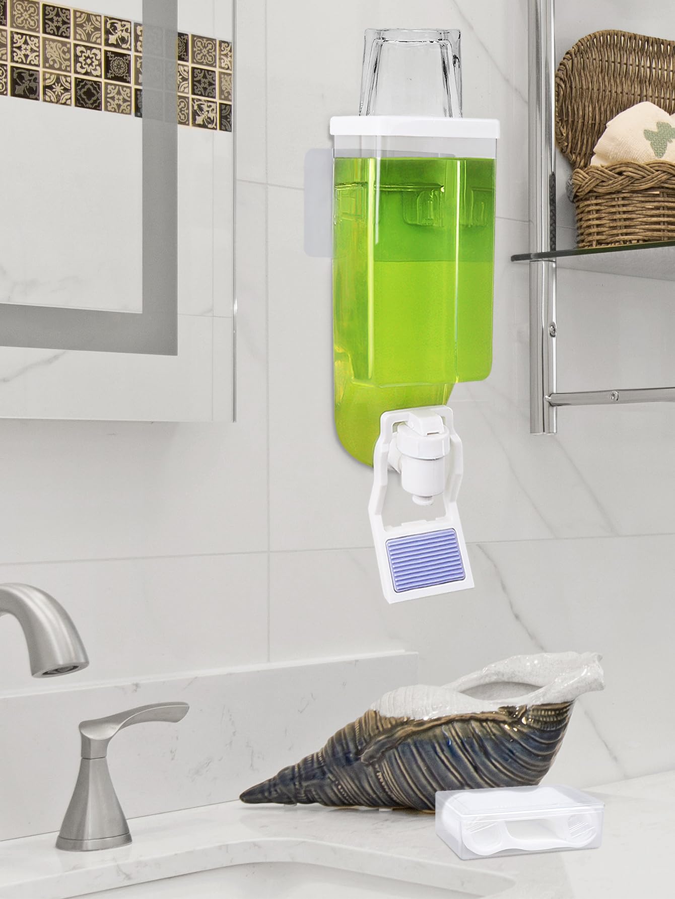 LOMEVE 20oz Mouthwash Dispenser Wall Mounted, Plastic Mouthwash Dispenser for Bathroom, Mouthwash Container with 50 Dental Floss, Glass Cup, and Adhesive Hook