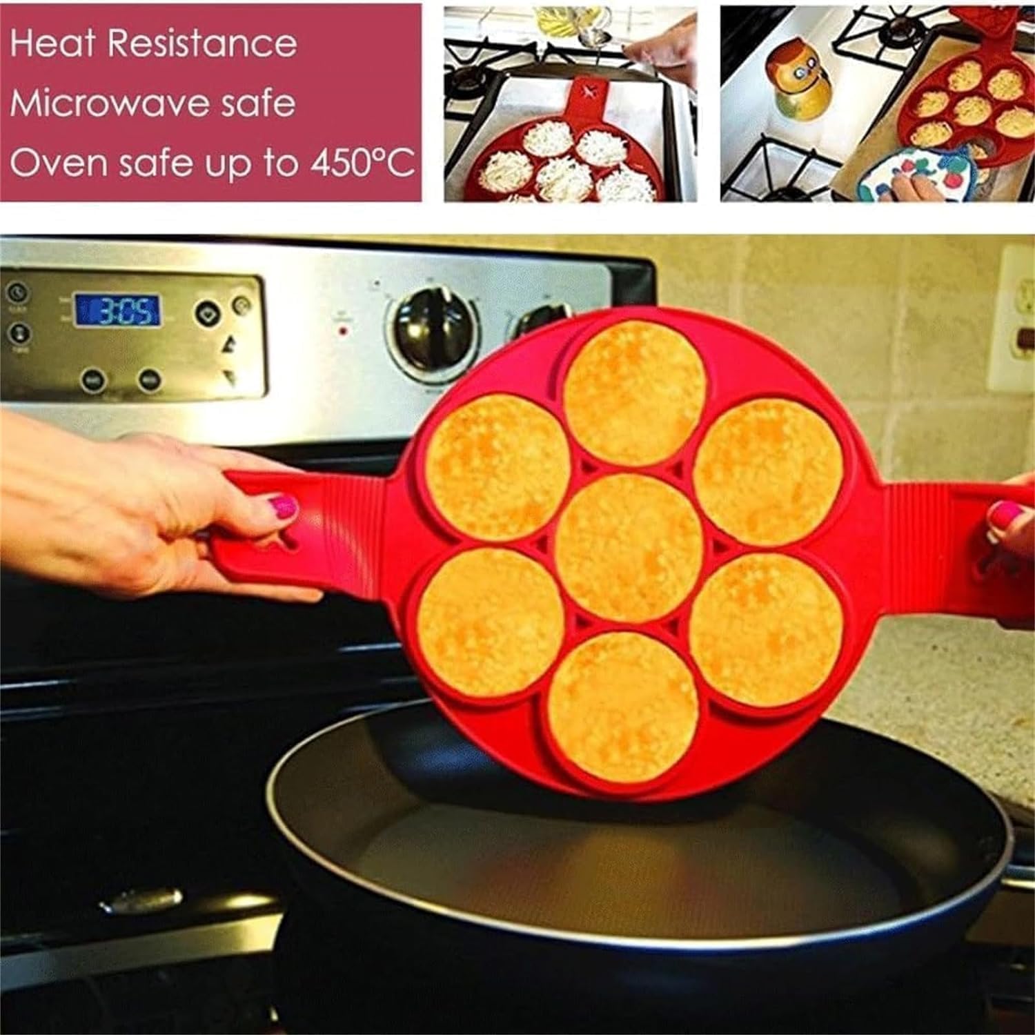 YLBUH Flip and Cook Pancake Maker, Flip Cooker Pancakes Mold, Flip N Cook Silicone Pancake Mold, Flip and Cook Silicone Pancake Maker, Silicone Pancake Molds Fried Egg Mold Reusable (Red heart shape)